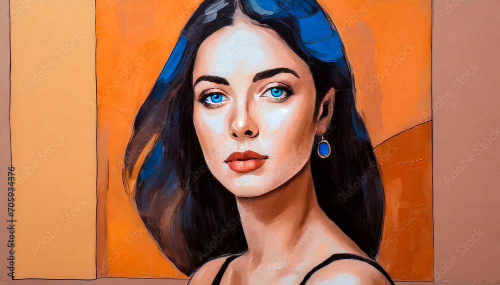 Cubism Portrait of a beautiful women with big blue eyes. Abstract wall ...
