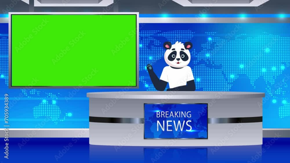 cartoon panda news reporter in news studio animation, green screen ...