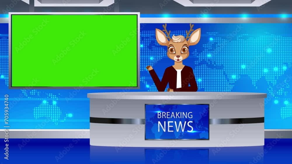 cartoon deer news reporter in news studio animation, green screen, news ...