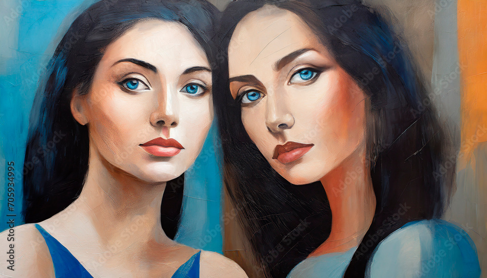 Cubism Portrait of a beautiful women with big blue eyes. Abstract wall ...