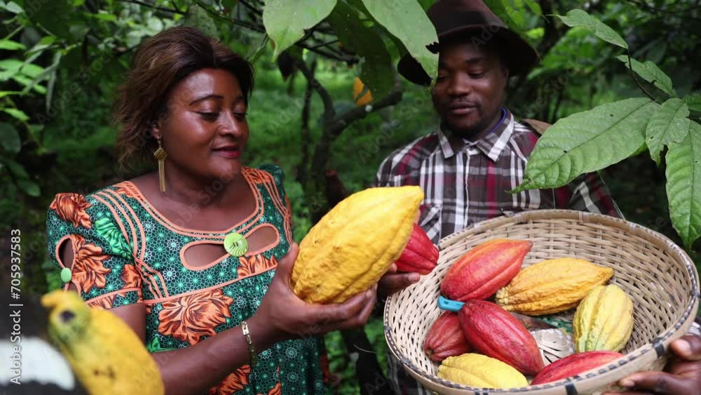Two farmers carry out quality control of cocoa pods during harvesting ...