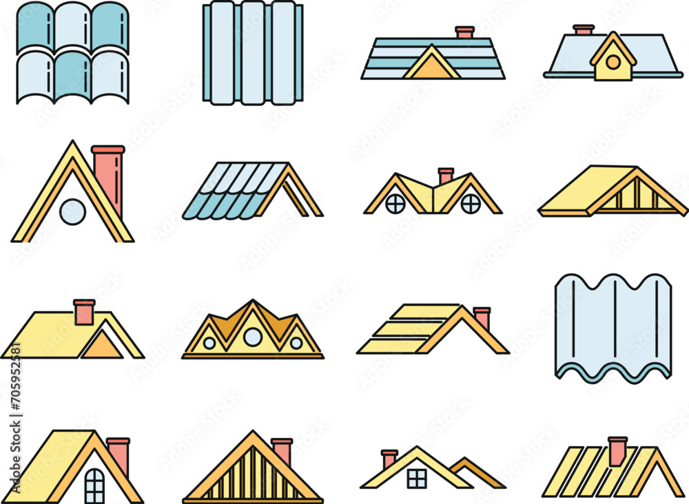 House roof icons set. Outline set of house roof vector icons thin line color flat on white Stock ...