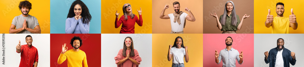 Set of people, each showing positive gestures such as thumbs-up or a ...