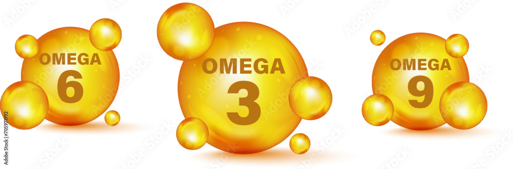 Vector omega acids. Polyunsaturated fatty Omega-3, Omega-6, Omega-9 ...