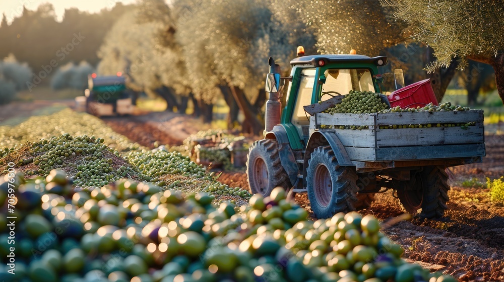 old tractor on a blurred background from the collection of olives in a ...
