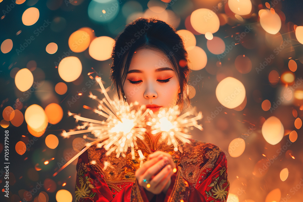 A twinkling Chinese woman holds a bunch of fireworks, Continuous Action ...