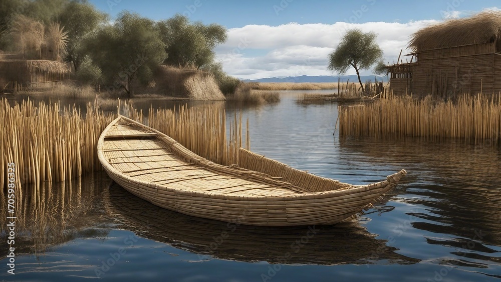 Traditional Urus reed boat in the lake Titicaca. The Urus inhabitants ...
