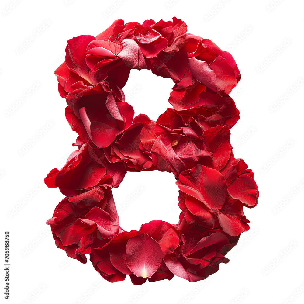 8, eight, red rose petals number isolated on transparent background ...