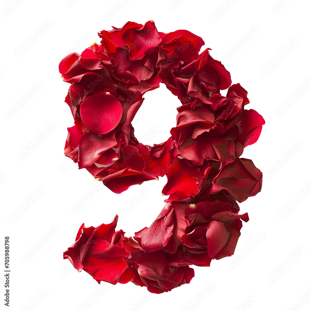 9, nine, red rose petals number isolated on transparent background ...
