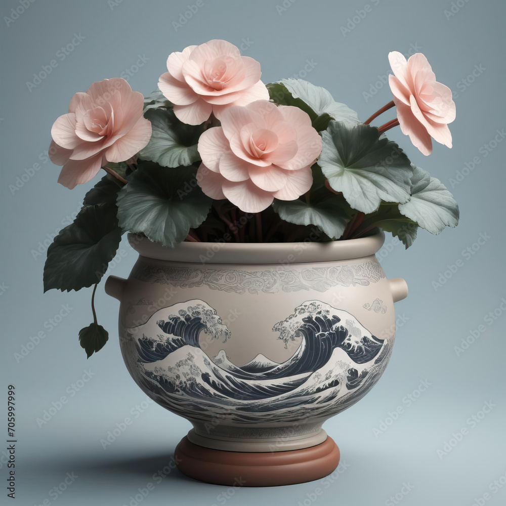 Vintage-style ceramic pot with begonia and dynamic cut paper with ...