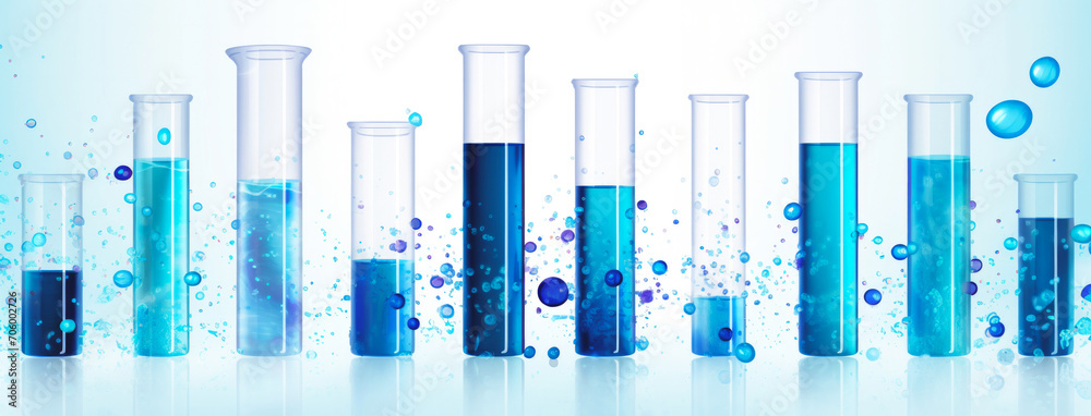 Test tubes with blue liquid, water, bubbles and splashes around, on ...
