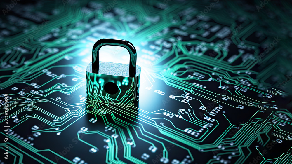 Lock on black background with glowing binary matrix code. Computer ...