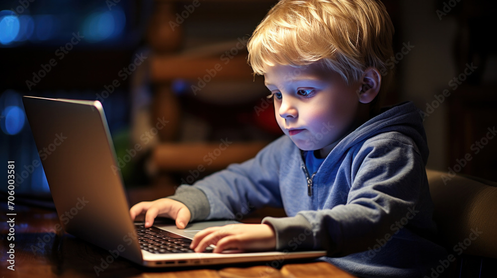 Child boy sitting at a computer. Promote awareness of cybersecurity ...