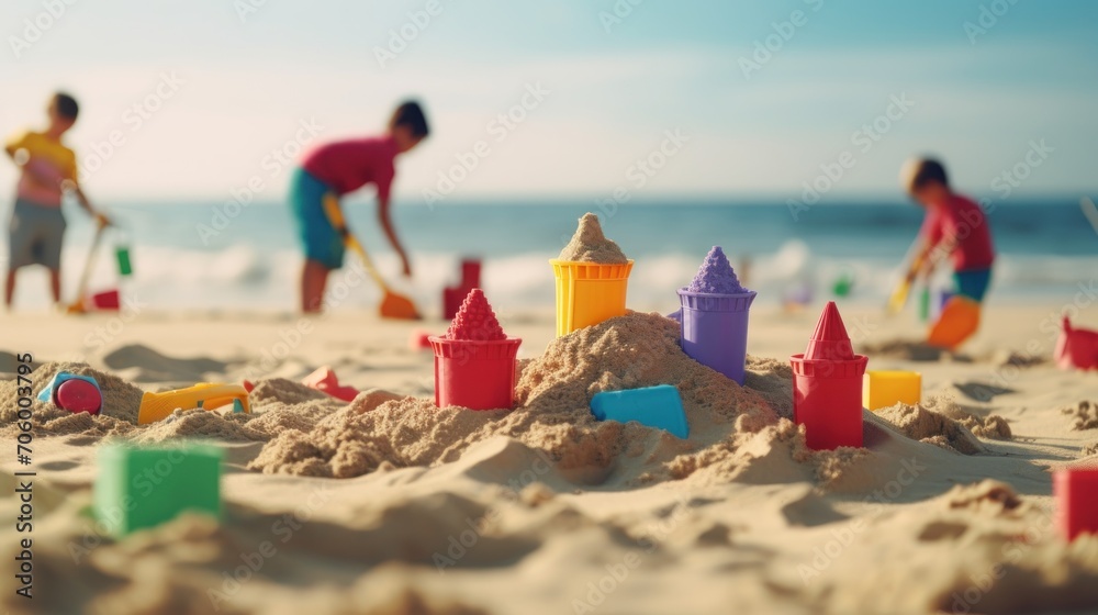 Kids playing in the sand with colorful buckets and shovels, beach ...