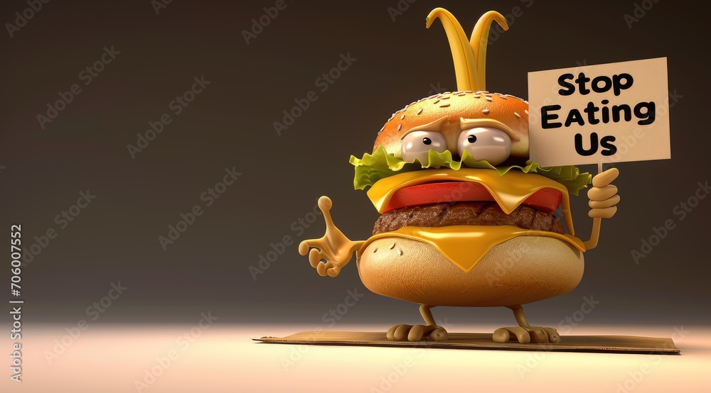 Whimsical plea: cartoon characters, fast food holding a sign 'Stop ...