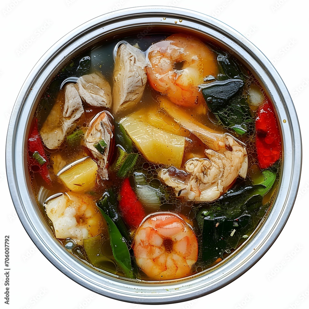 Tangy sinigang, a comforting Filipino soup, isolated on a clean white ...