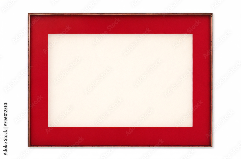 Realistic empty rectangular red frame with passepartout on white background, border for your ...