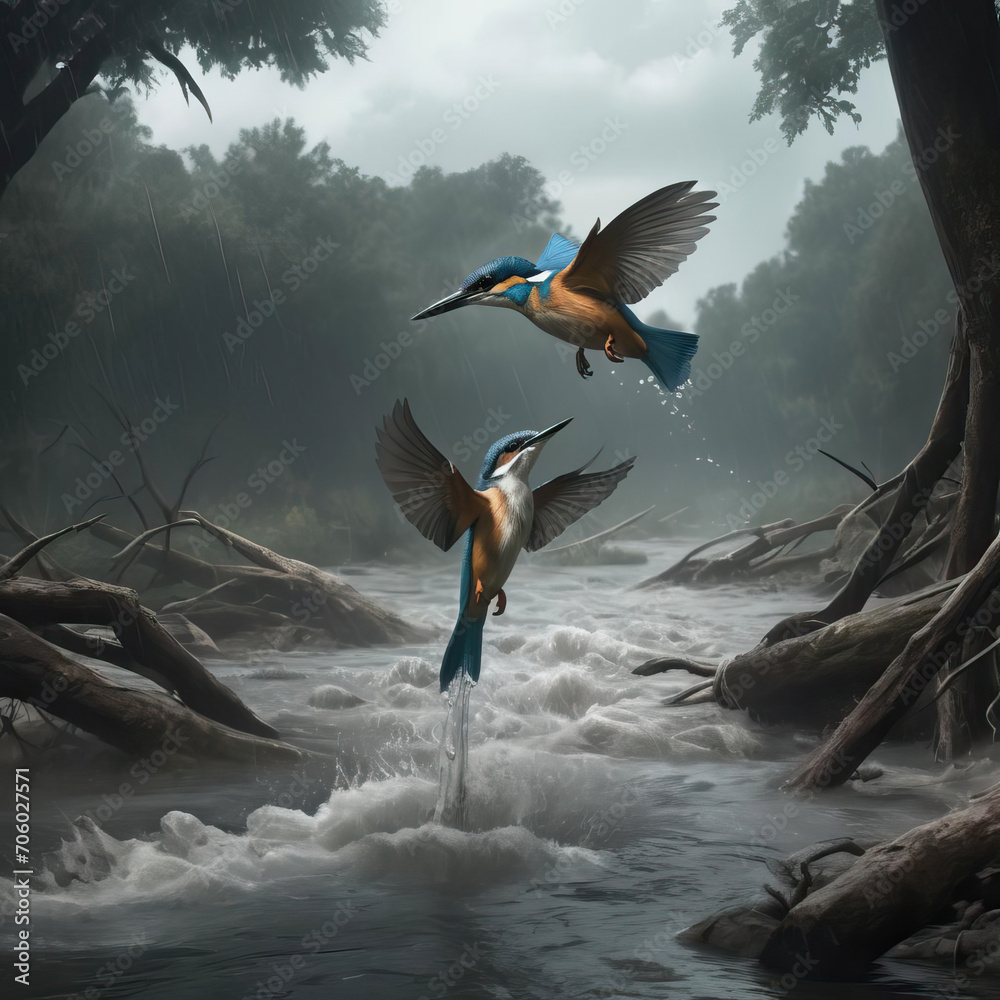 Grimdark Dystopia - realistic concept art of kingfishers diving into ...