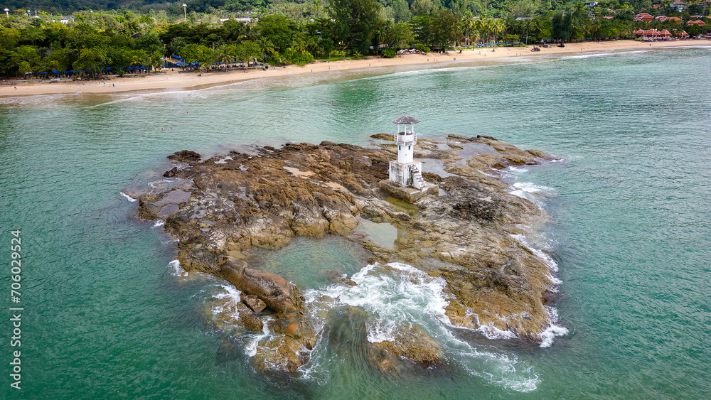 Drone view of a lighthouse located off a tropical beach in the Andaman ...