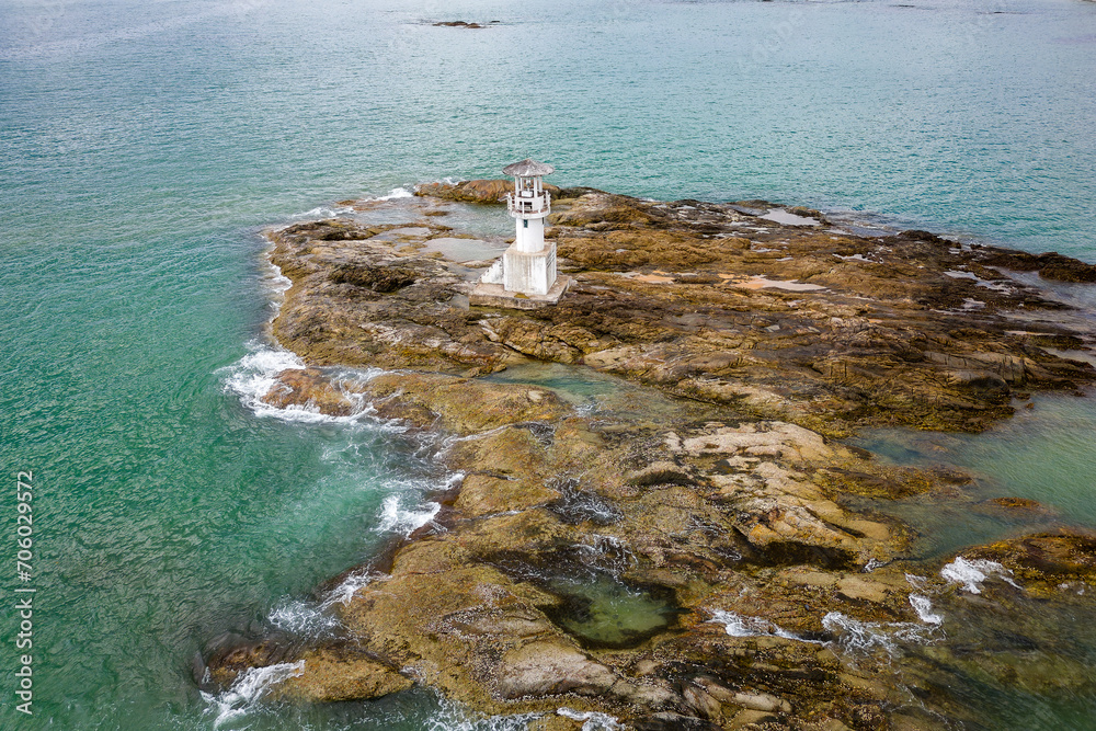 Drone view of a lighthouse located off a tropical beach in the Andaman ...
