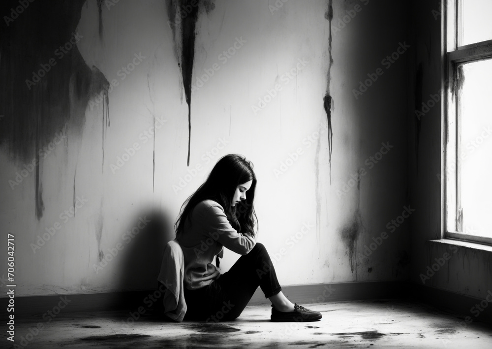 person sitting on the floor, Concept idea illustration of woman in ...