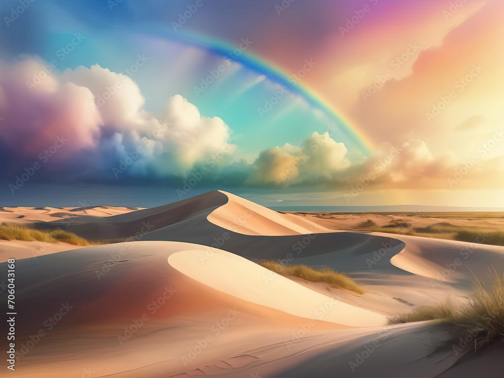 Vivid Double Rainbow Over Sand Dunes - Stunning watercolor illustration ...