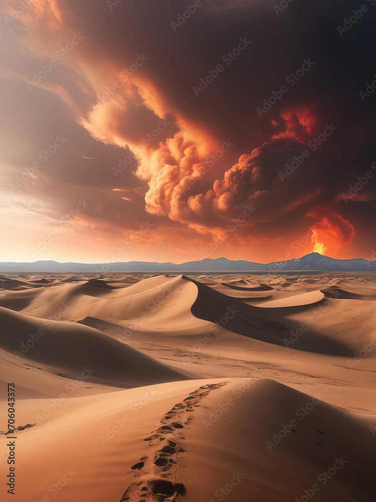 Apocalyptic Landscape - Sand dunes shifting under a vividly colored sky ...