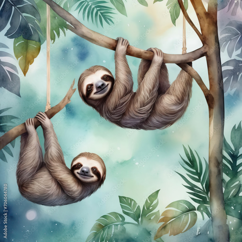 Tropical Sloths - Dreamy watercolor illustrations of sloths hanging lazily from tropical tree ...