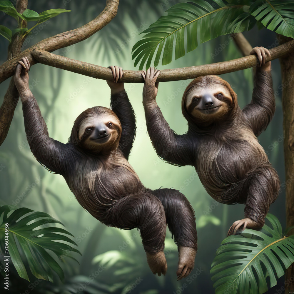 Lazily Hanging Sloths in Tribal-Inspired Tropical Jungle - Vibrant 8k ...