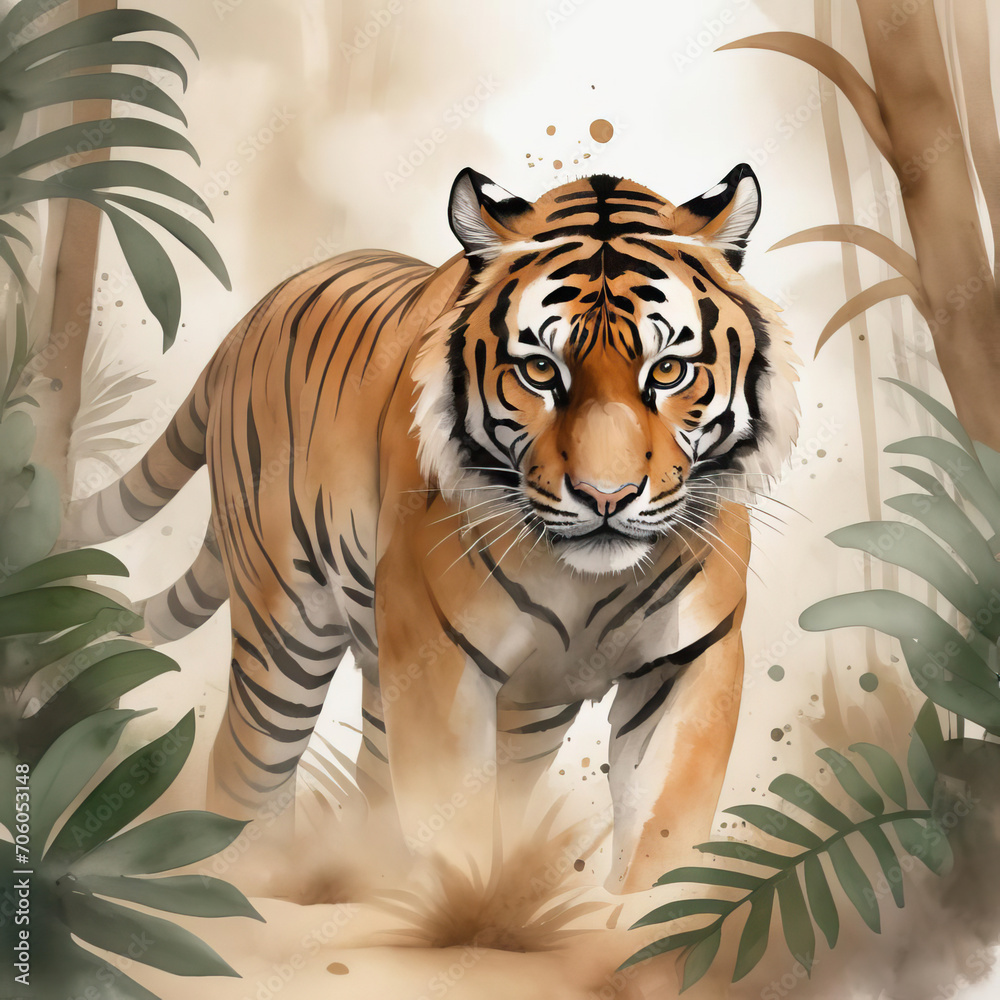 Playful Tiger in Whimsical Watercolor Jungle - High-Resolution ...