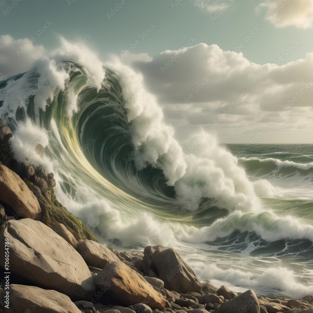 Powerful Tsunami Wave Crashing Against Rocky Shoreline - A mesmerizing ...