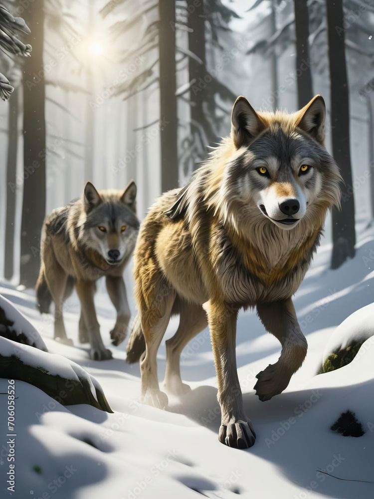 Majestic Wolves in Snowy Forest - Tribal-inspired designs with sunlit ...