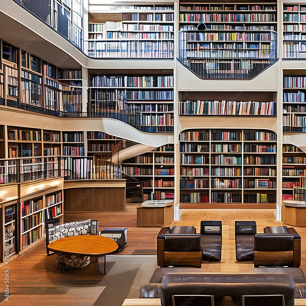 A modern library with floor-to-ceiling bookshelves and a cozy reading ...