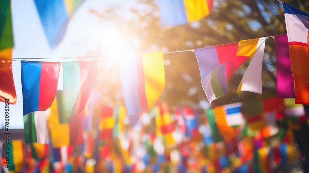 Closeup of colorful flags flying in the wind, representing the many ...