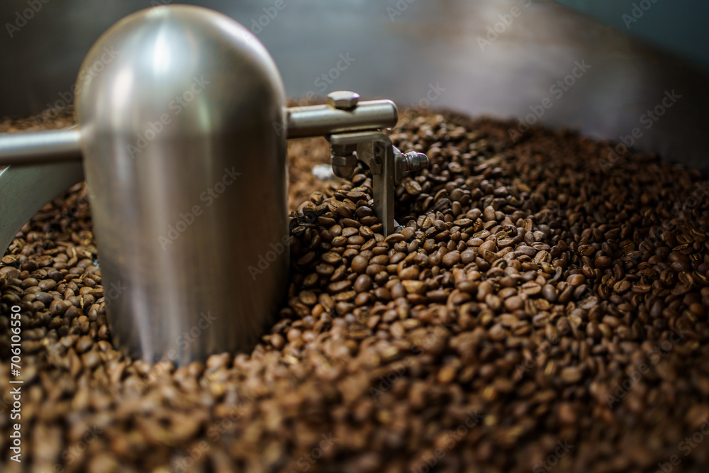 Professional coffee roaster working with modern automated roasting ...