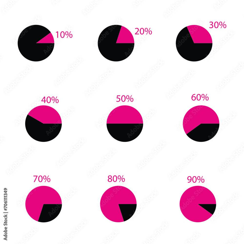 Set of pie charts percentage 10 to 90. Circle round chart, pie graph ...