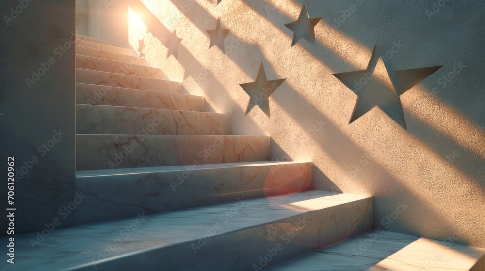 3D rendering of Stair shape with the five star symbol. The best rating ...