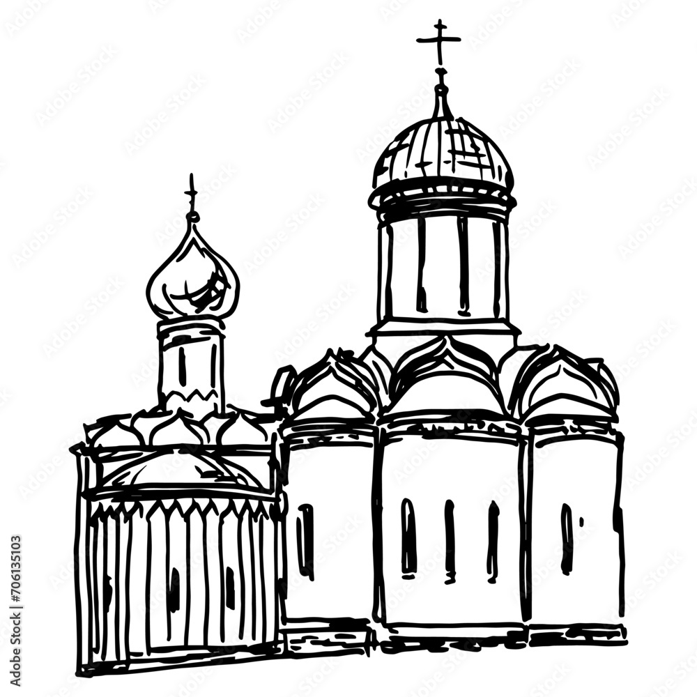View of two Russian orthodox temples. The Trinity Lavra of St. Sergius ...