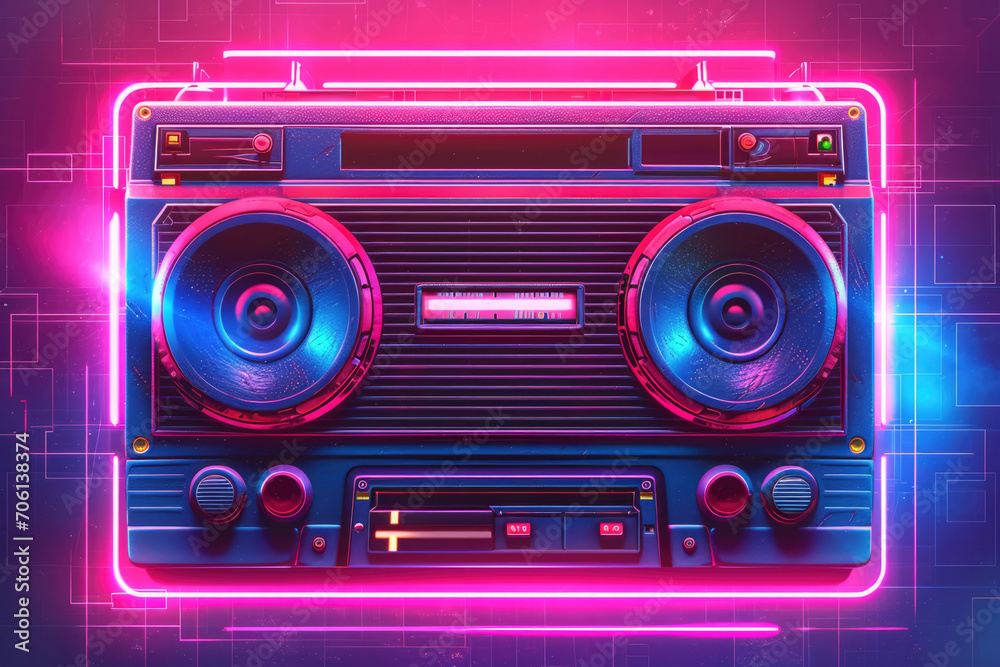 80s, party retro music banner or cover. Old fashioned vector poster ...