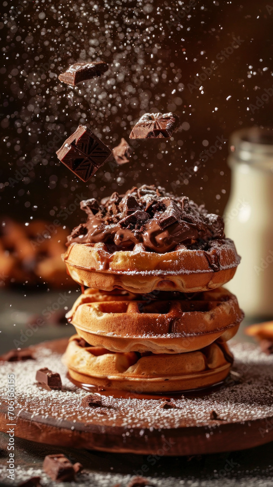 Chocolate pieces sprinkle down onto a stack of waffles, creating an ...