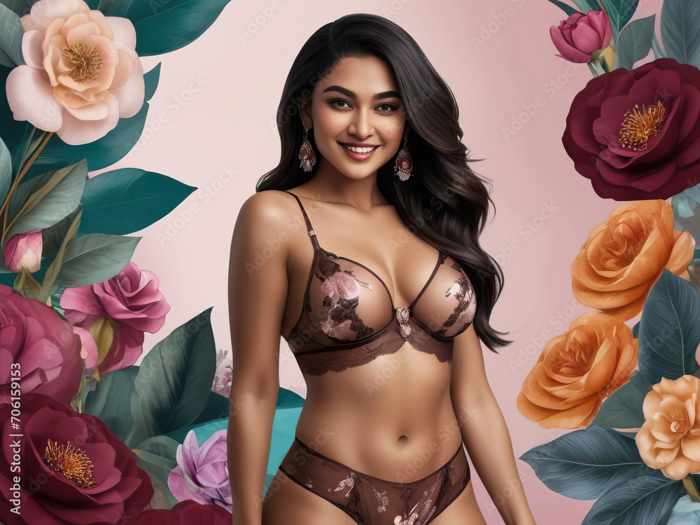 Enigmatic Sensuality - Close-up shot of a central Asian woman in luxurious silk lingerie with a ...