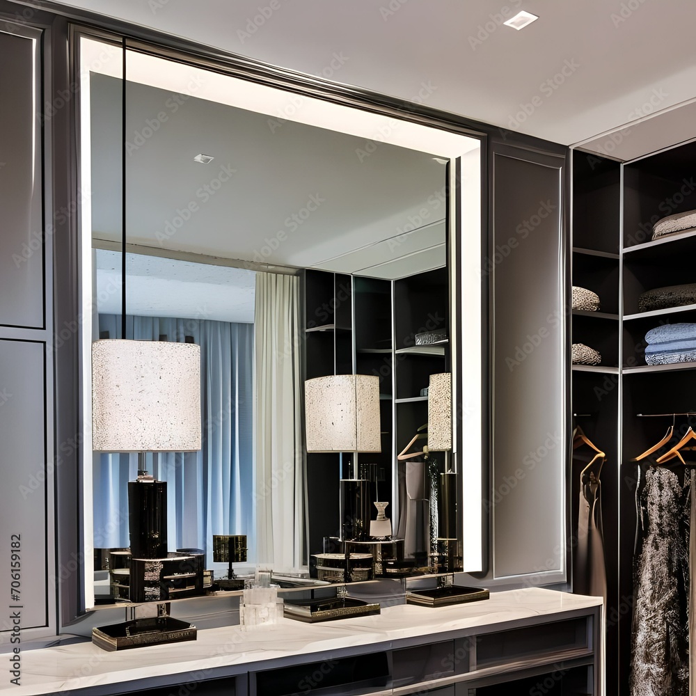 A chic dressing room with floor-to-ceiling mirrors, a vanity table, and ...