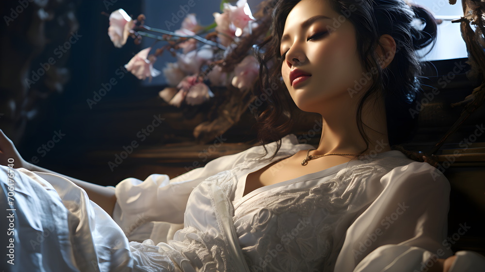 A beautiful young woman wearing a white robe lies on the coach with her ...