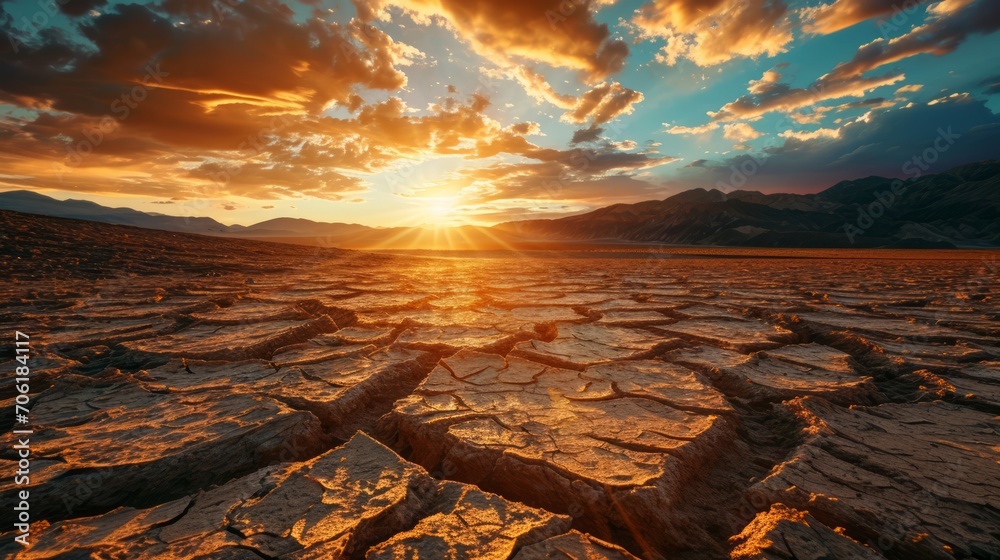 Global warming concept.Soil drought cracked landscape on sunset sky.Dry ...