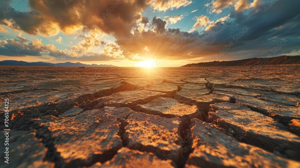 Global warming concept.Soil drought cracked landscape on sunset sky.Dry ...