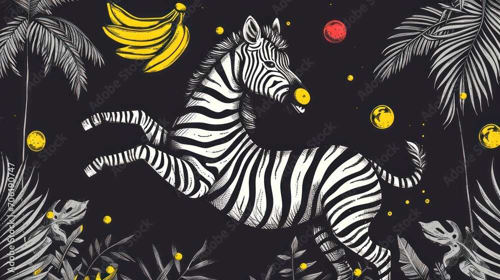 a drawing of a zebra running through a jungle with bananas hanging from ...