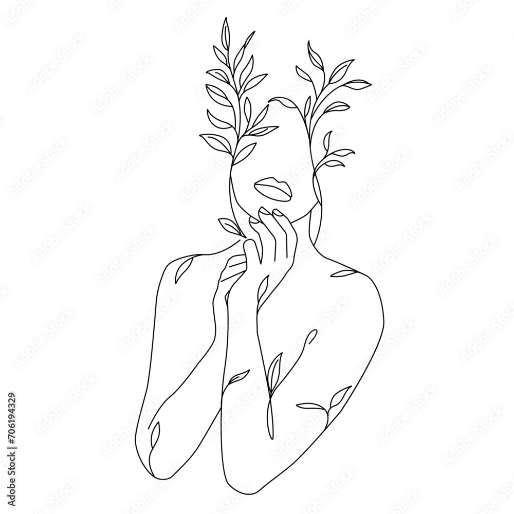 Woman Silhouette with Leaves Line Art Vector Drawing. Style Template ...