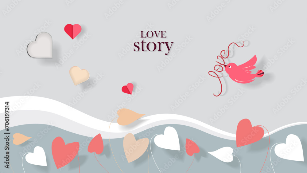 Love story vector with illustration of flying birds and love symbols ...