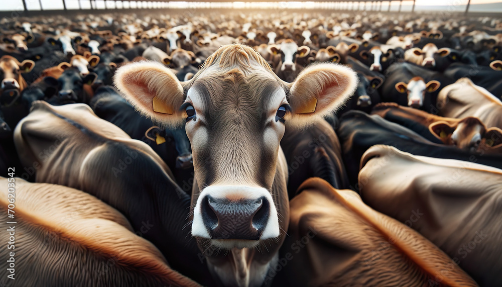 Beef cattle in an overcrowded feedlot. Feedlots concentrate animal ...