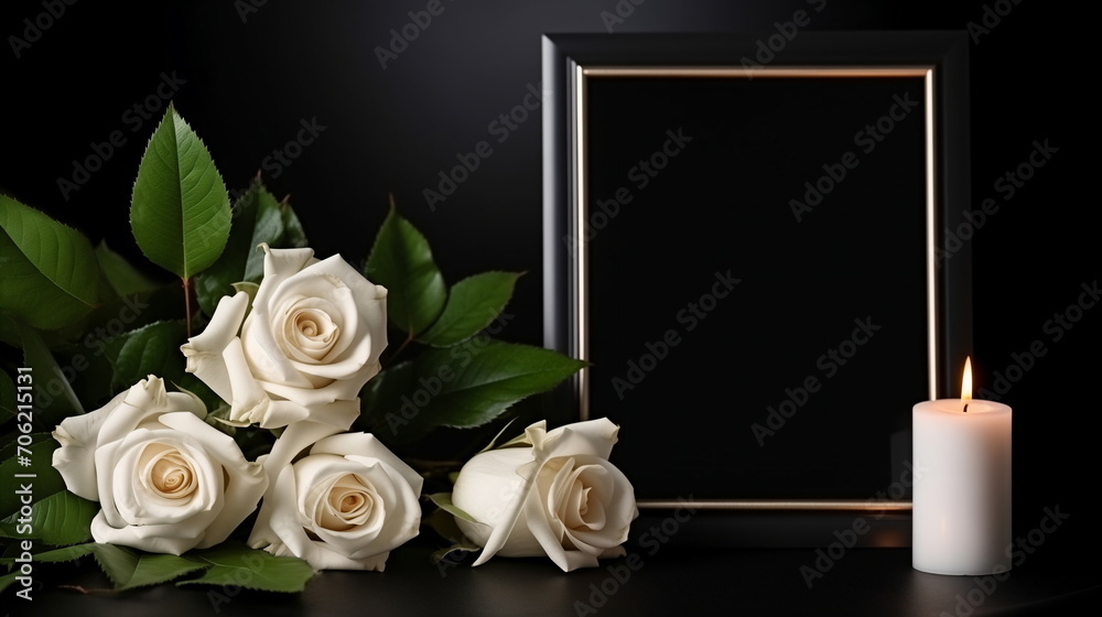 There is a white rose, a candle and a picture frame on a black ...